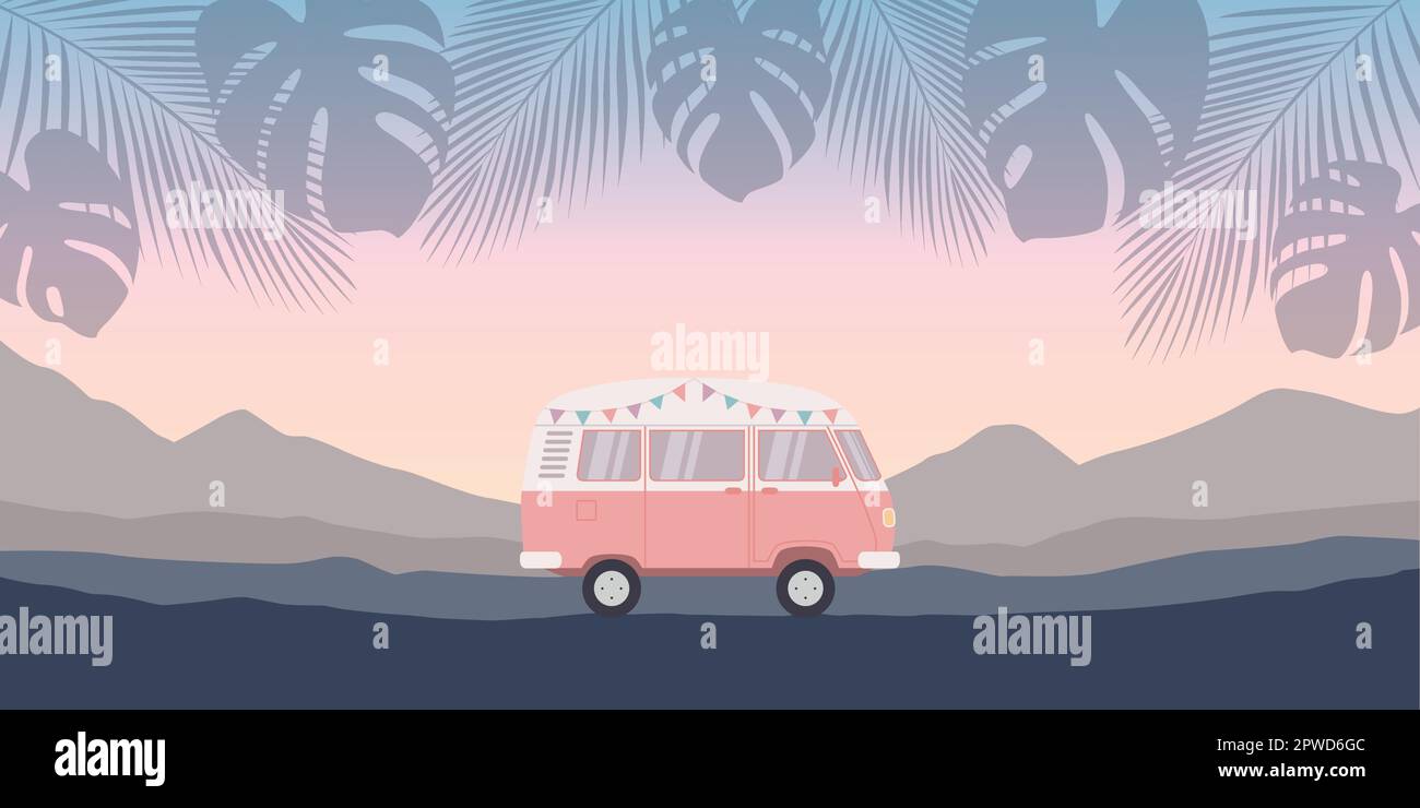 camper van on summer holiday palm background in the mountains Stock ...