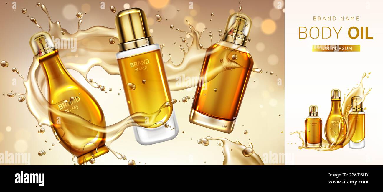 Body oil cosmetics bottles mockup banner. Beauty cosmetic product line ...