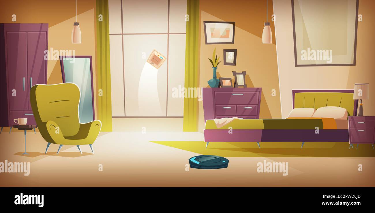 Automatic wireless vacuum and window cleaners working in bedroom with ...