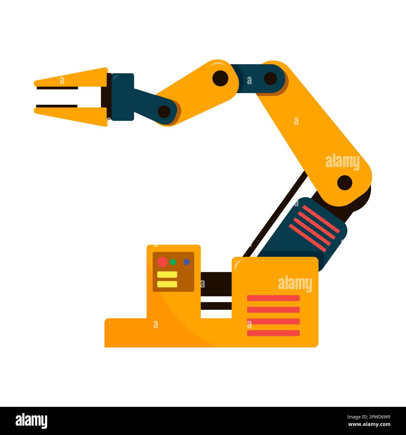 Robotic arm of machine on factory, technological line. Vector illustration of robot hand for ...