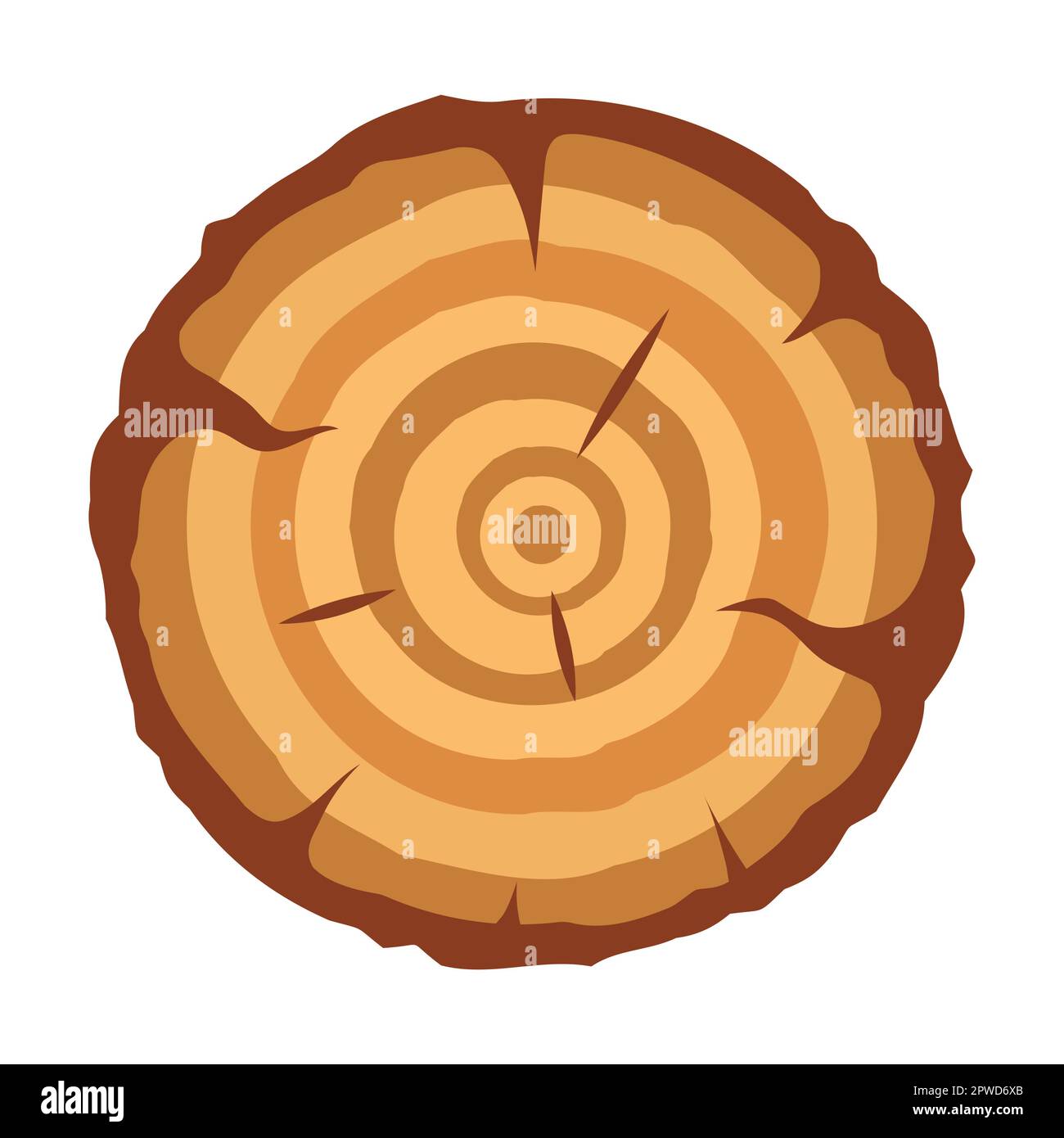 Tree slice with annual rings. Stack of trees with branches, wooden planks, stumps and timber ...