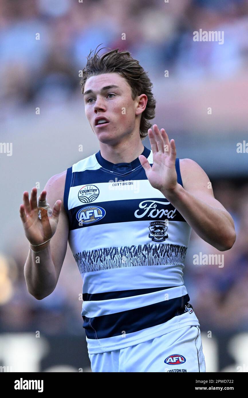Tanner Bruhn of Geelong reacts after kicking a goal during the AFL ...