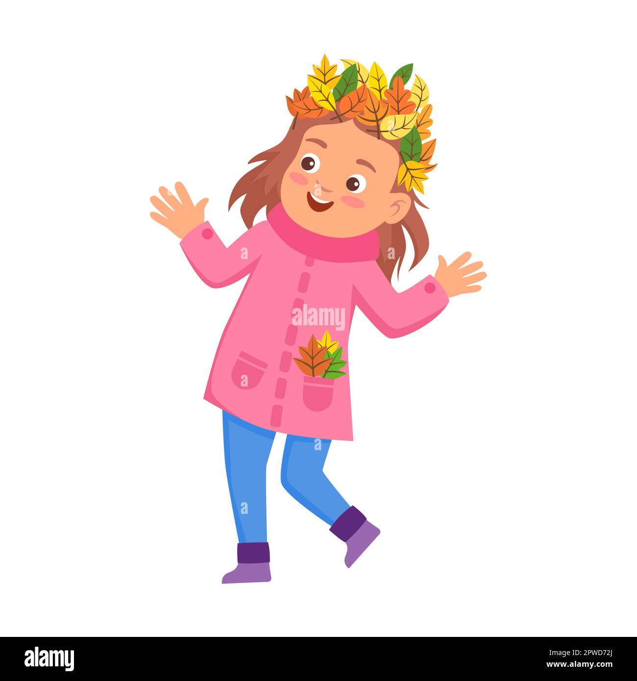 Cute cartoon children in an autumn wreath of leaves in autumn flat ...