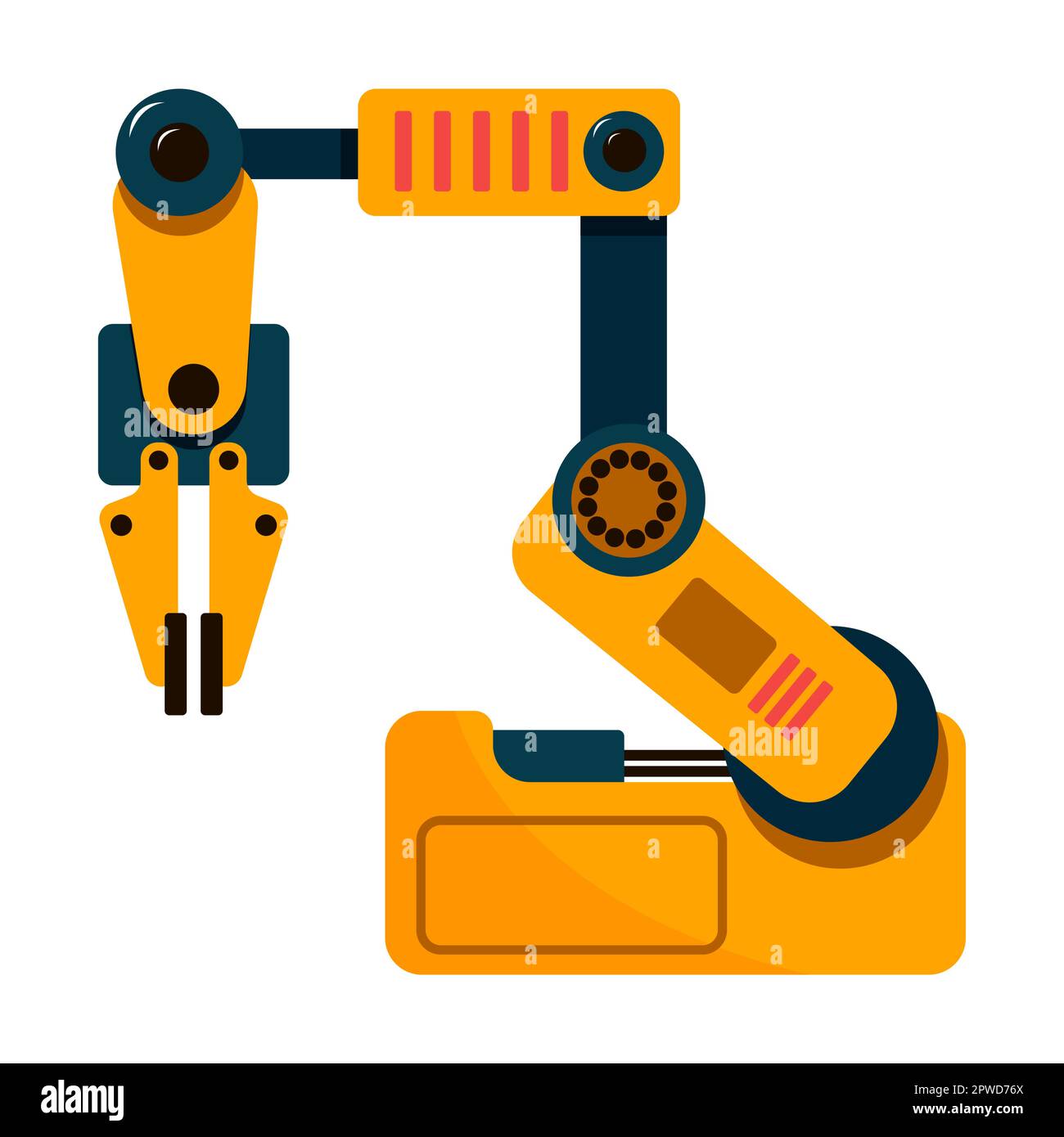 Arm of robotic machine on factory, technological line. Vector illustration of robot hand for ...