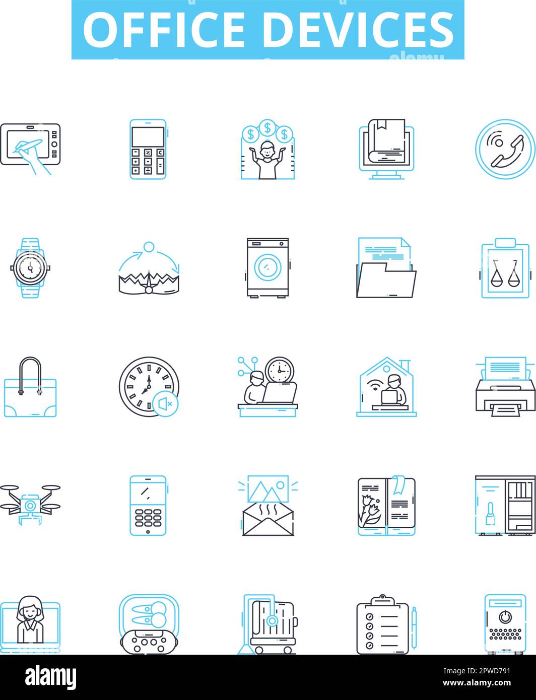 Office devices vector line icons set. Printers, Copiers, Computers ...