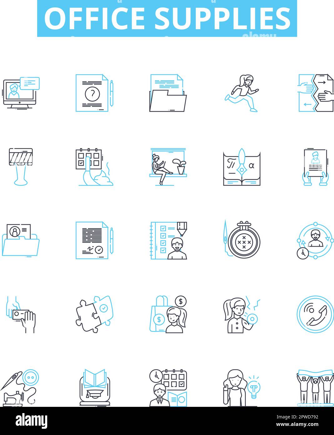 Office supplies vector line icons set. Stationery, Paper, Pencils, Pens ...