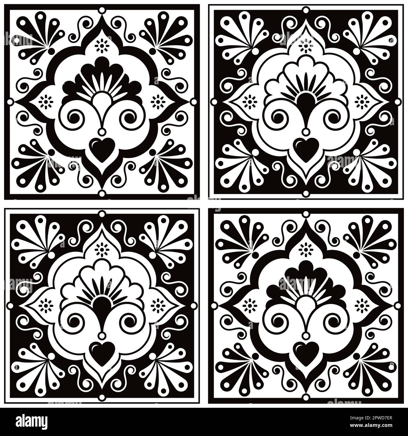 Mexican talavera ceramic tile vector seamless black and white pattern ...