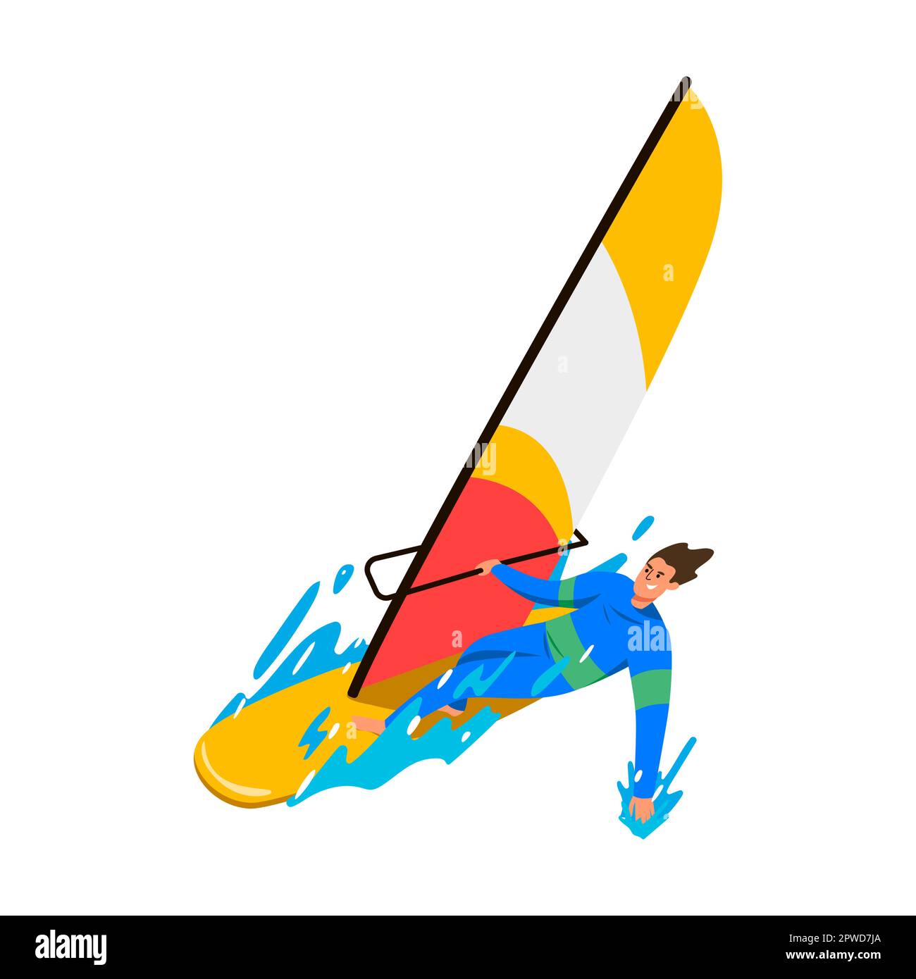 Board with a sail. Water sport cartoon vector illustration. People ...
