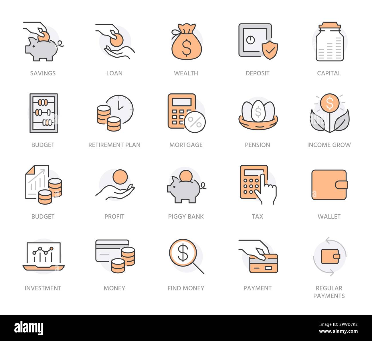 Money income line icon set. Pension fund, profit growth, piggy bank ...