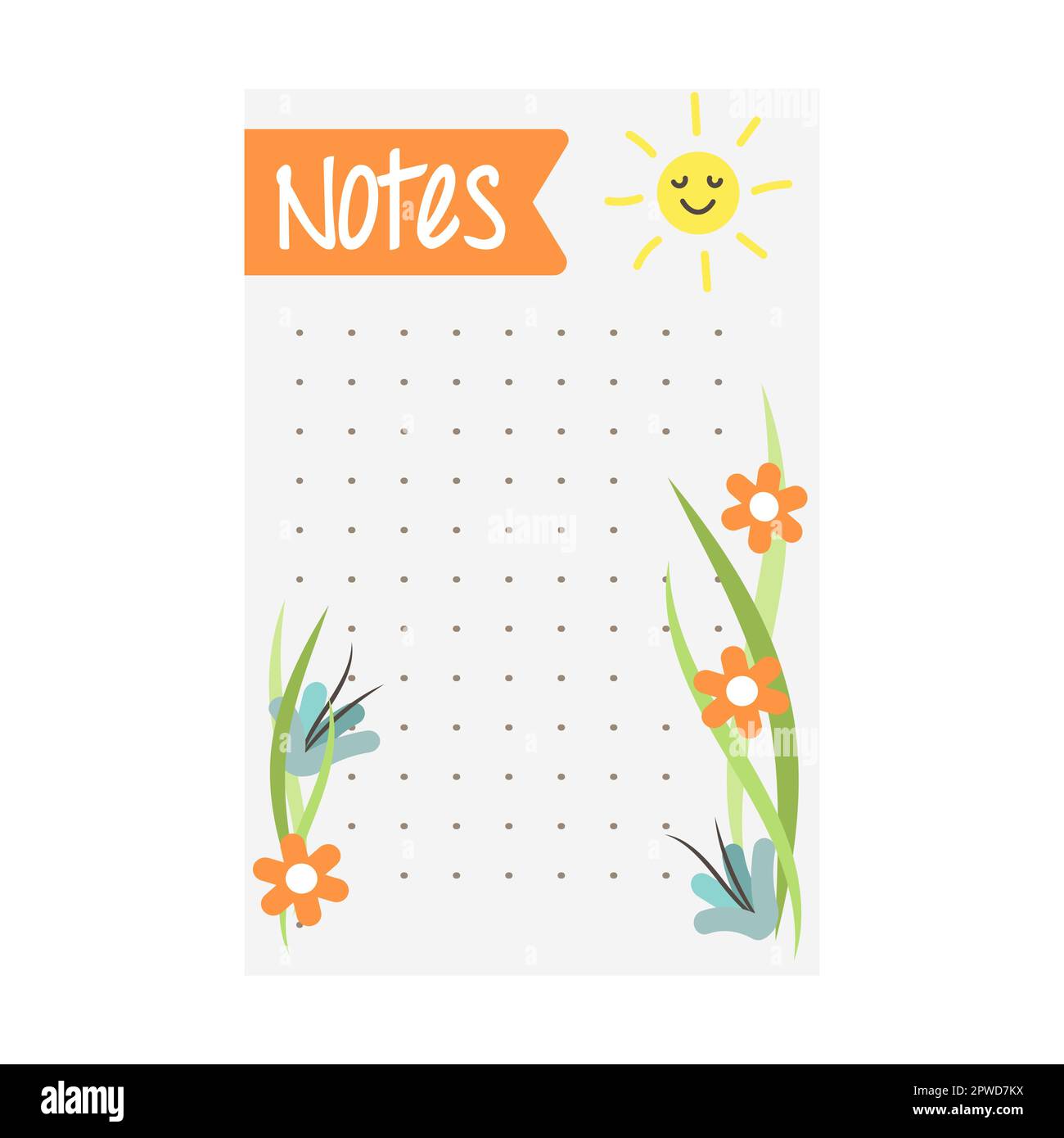 diary page with sun and flowers, cartoon vector illustration. Cute ...