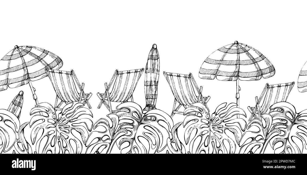 Hand drawn vector ink striped beach chair and umbrella. Seamless ...