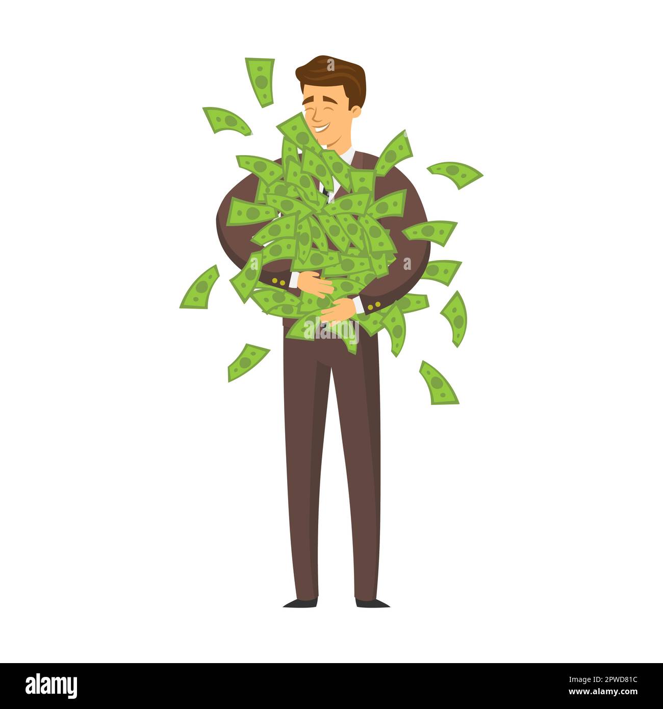 Happy rich man standing holding an armful of dolor banknotes. Much ...