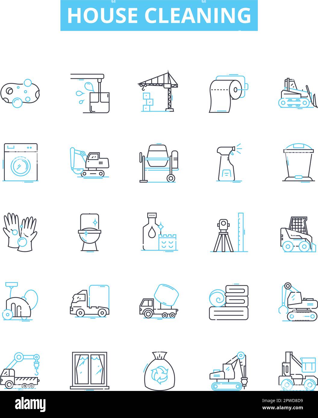 House cleaning vector line icons set. Mop, Vacuum, Dust, Wipe, Sweep, Scrub, Disinfect ...