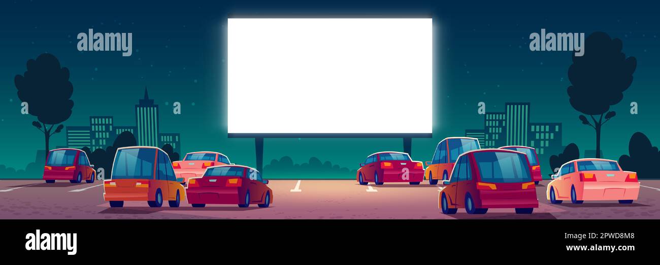 Outdoor cinema, drive-in movie theater with cars on open air parking ...
