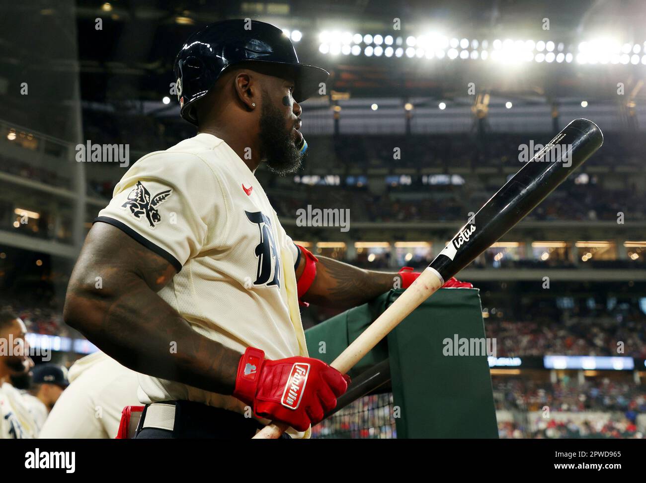 Texas Rangers right fielder Adolis Garcia (53) stands in the dugout ...