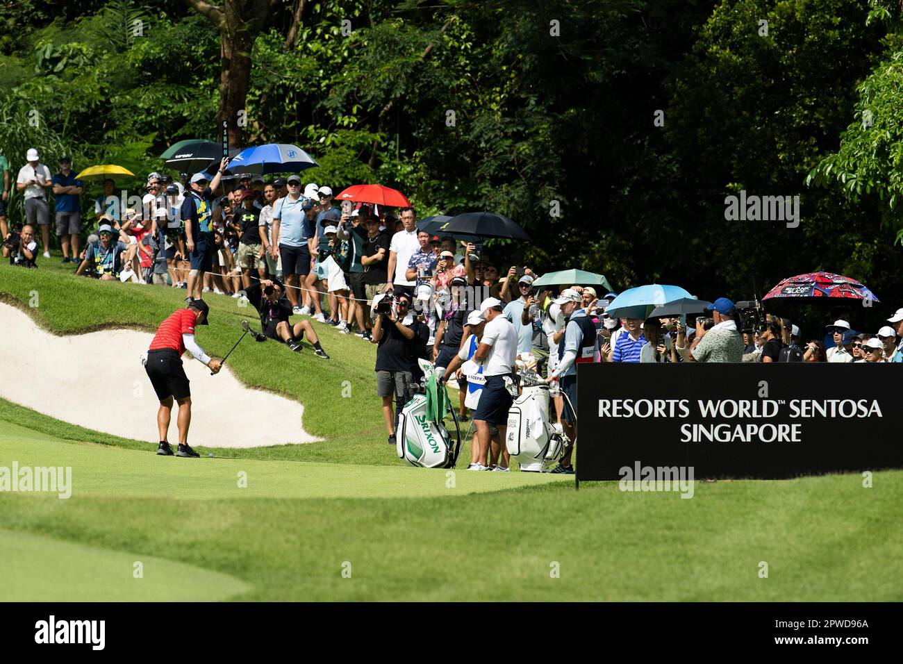 Captain Sergio Garcia of Fireballs GC hits his shot on the eighth hole ...