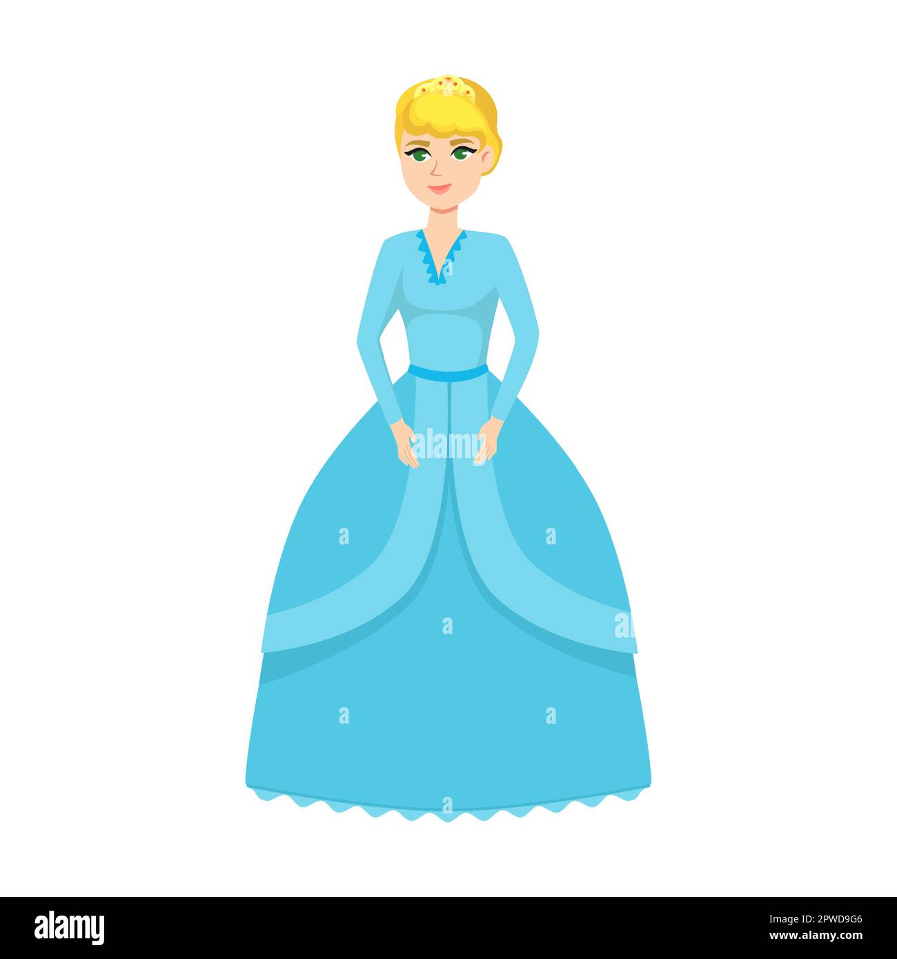 Young beautiful princess with blond hair in a blue turquoise dress ...