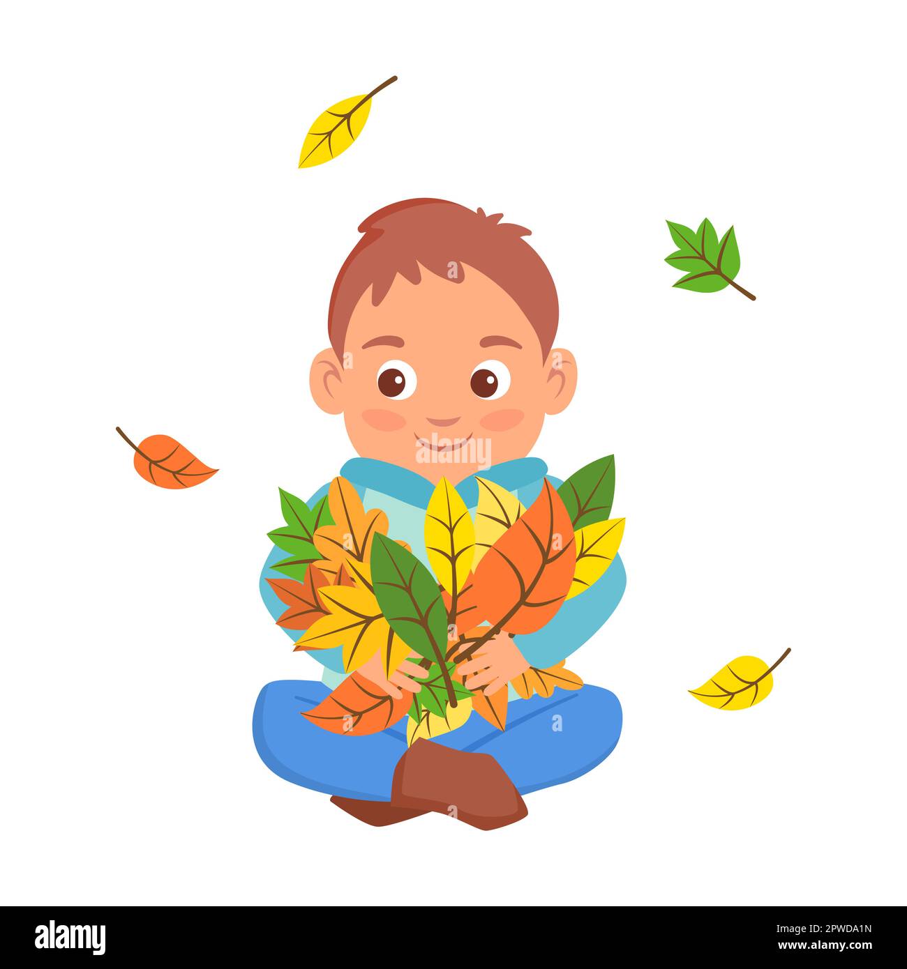 Cute cartoon children with a bunch of bright leaves in autumn flat ...