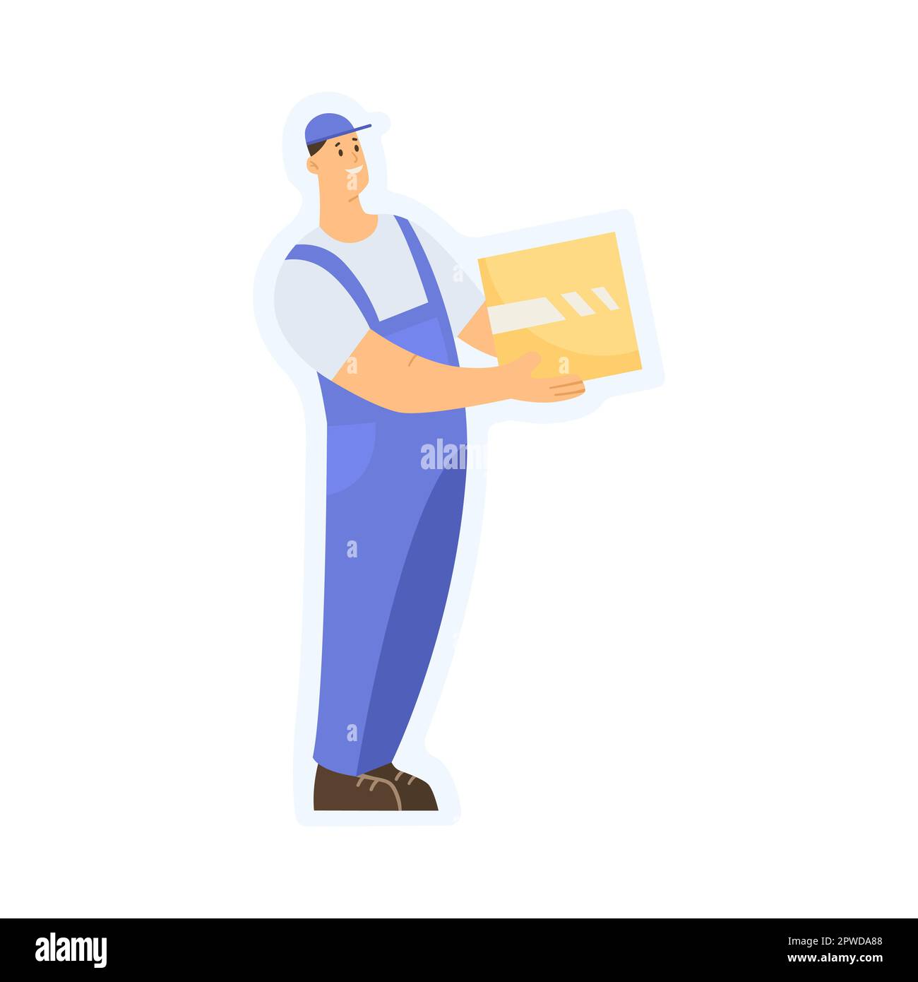 Courier holding delivery box sticker cartoon illustration Stock Vector ...