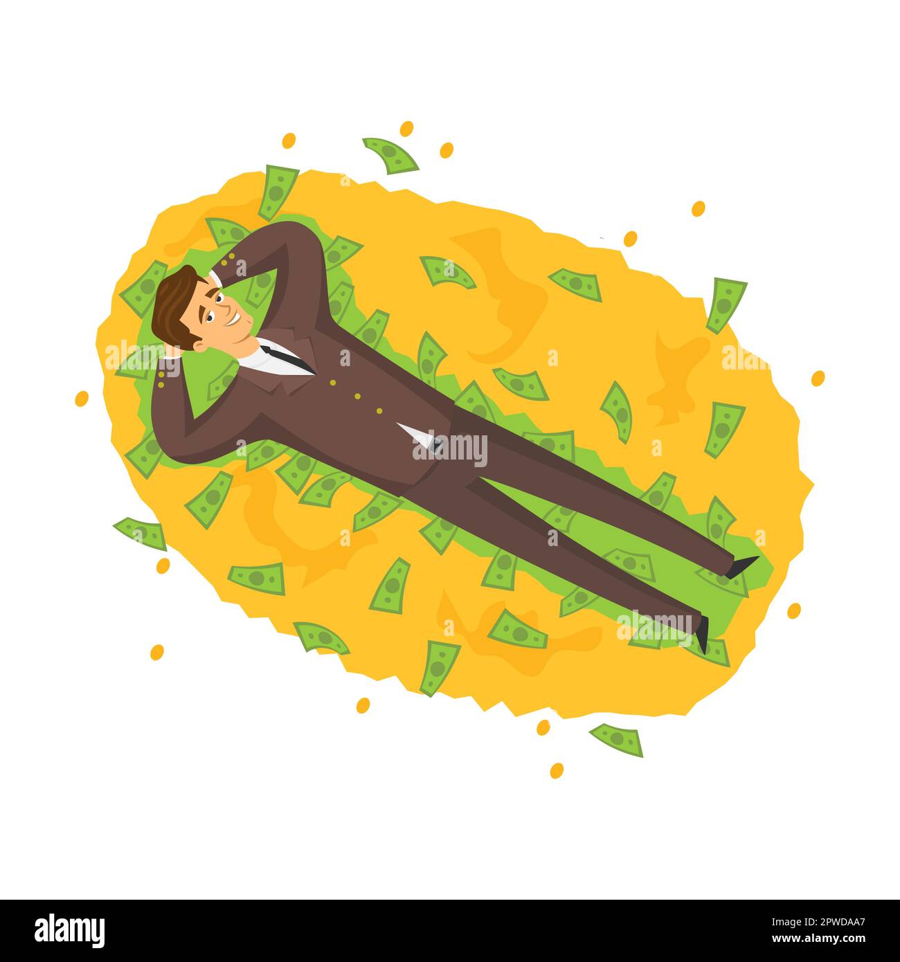 Happy rich man lies on pile of gold and money. Much money and gold ...