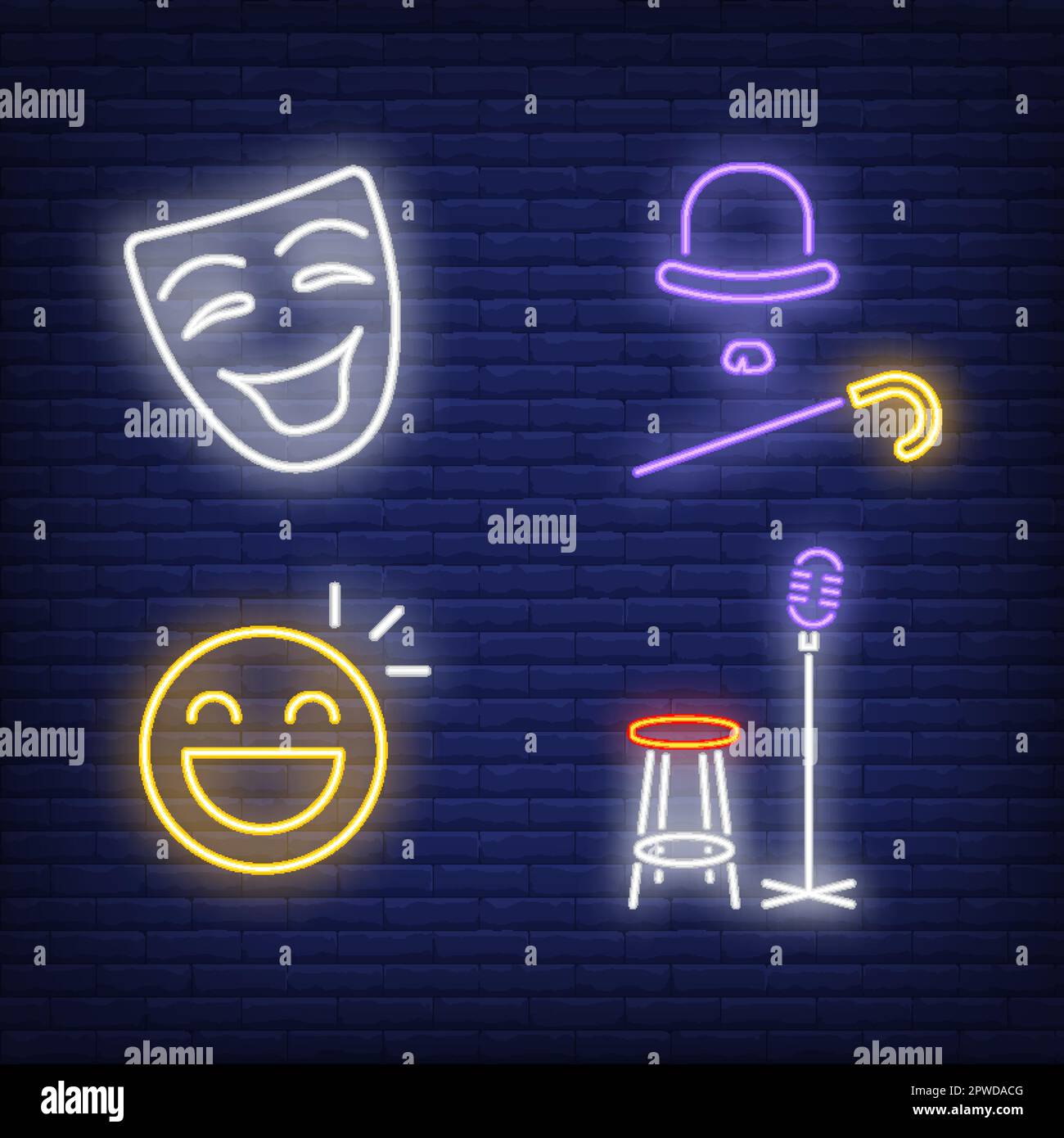 Smiling mask, microphone, hat and cane neon signs set Stock Vector ...