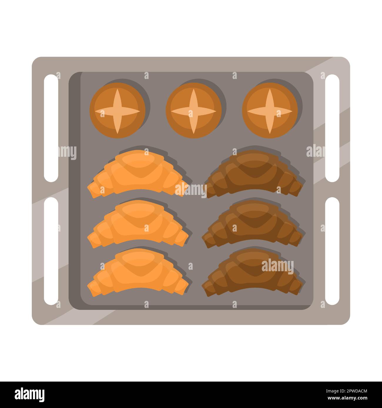 Baker oven tray with confectionery, bread and other food cooking with ...