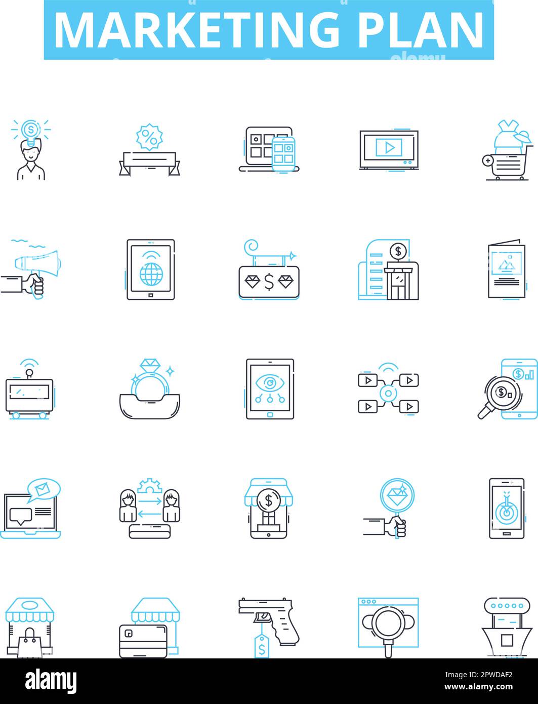 Marketing plan vector line icons set. Strategy, Targeting, Research ...
