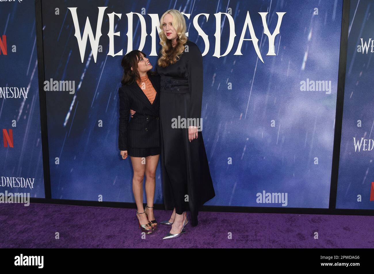 Jenna Ortega, left, and Gwendoline Christie attend a photo call with ...