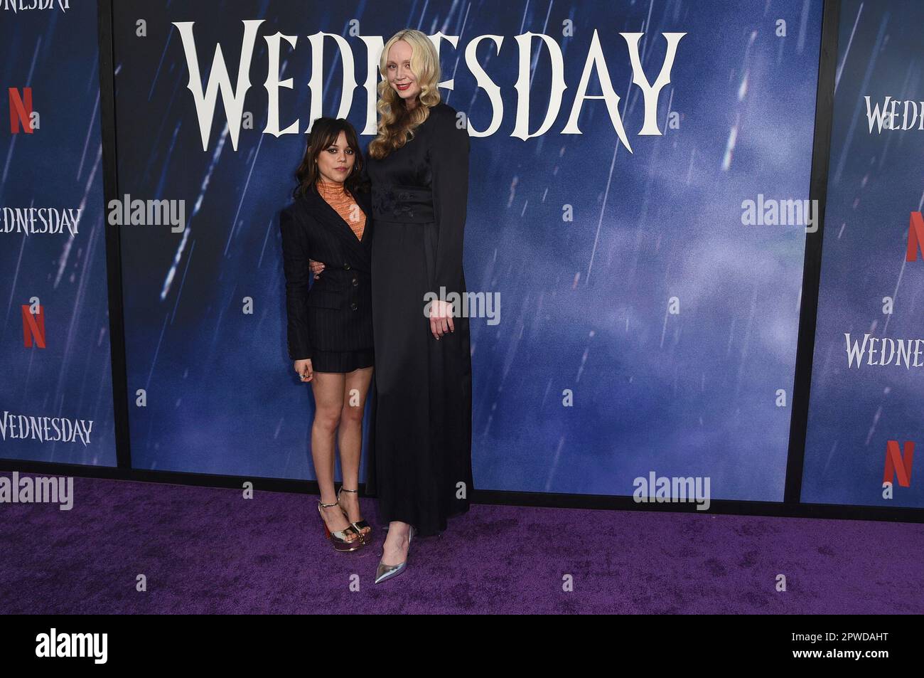 Jenna Ortega, left, and Gwendoline Christie attend a photo call with ...
