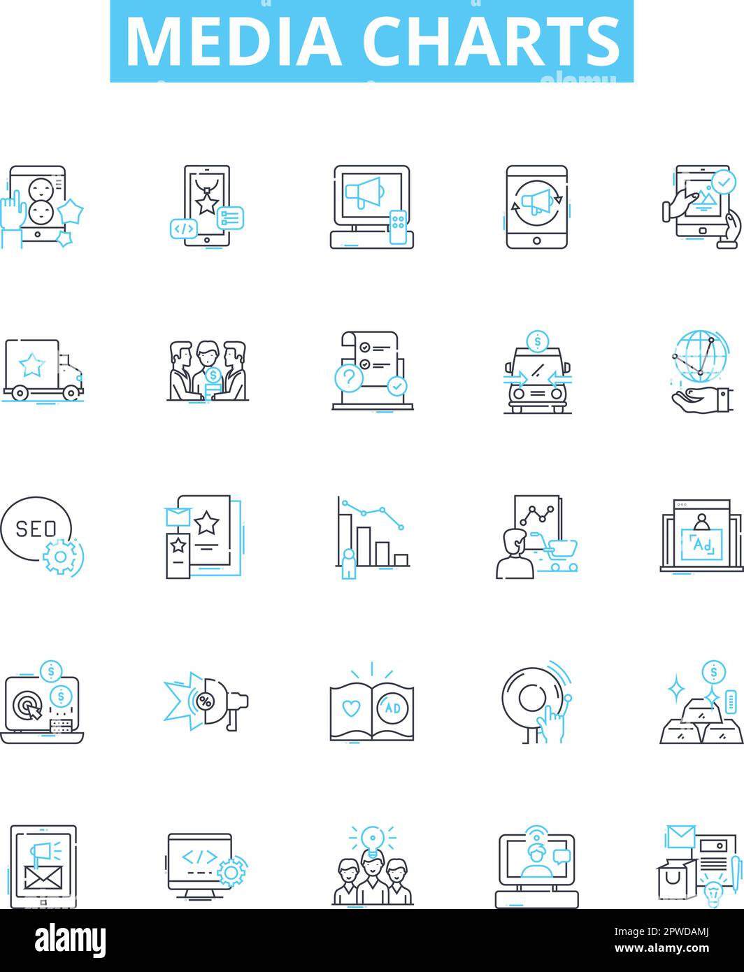 Media charts vector line icons set. Media, Chart, Trends, Ratings, Data ...