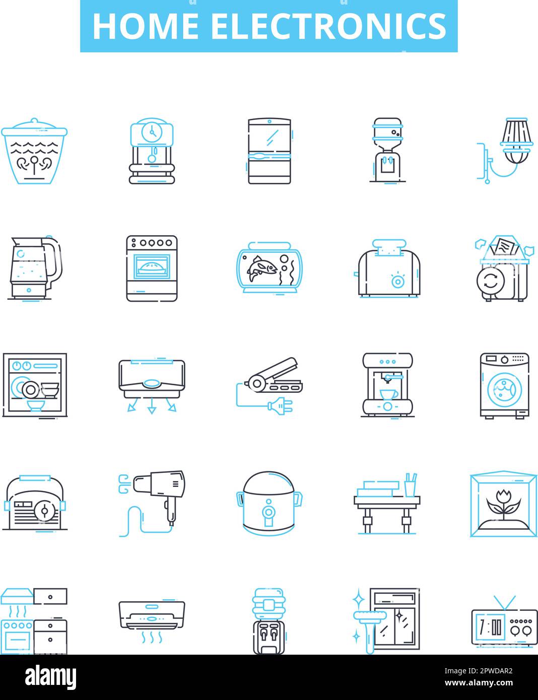 Home electronics vector line icons set. Fridge, TV, Stove, Washer ...