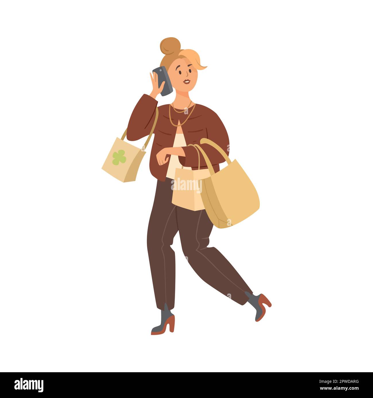 Busy woman with bags talking on phone cartoon illustration Stock Vector ...