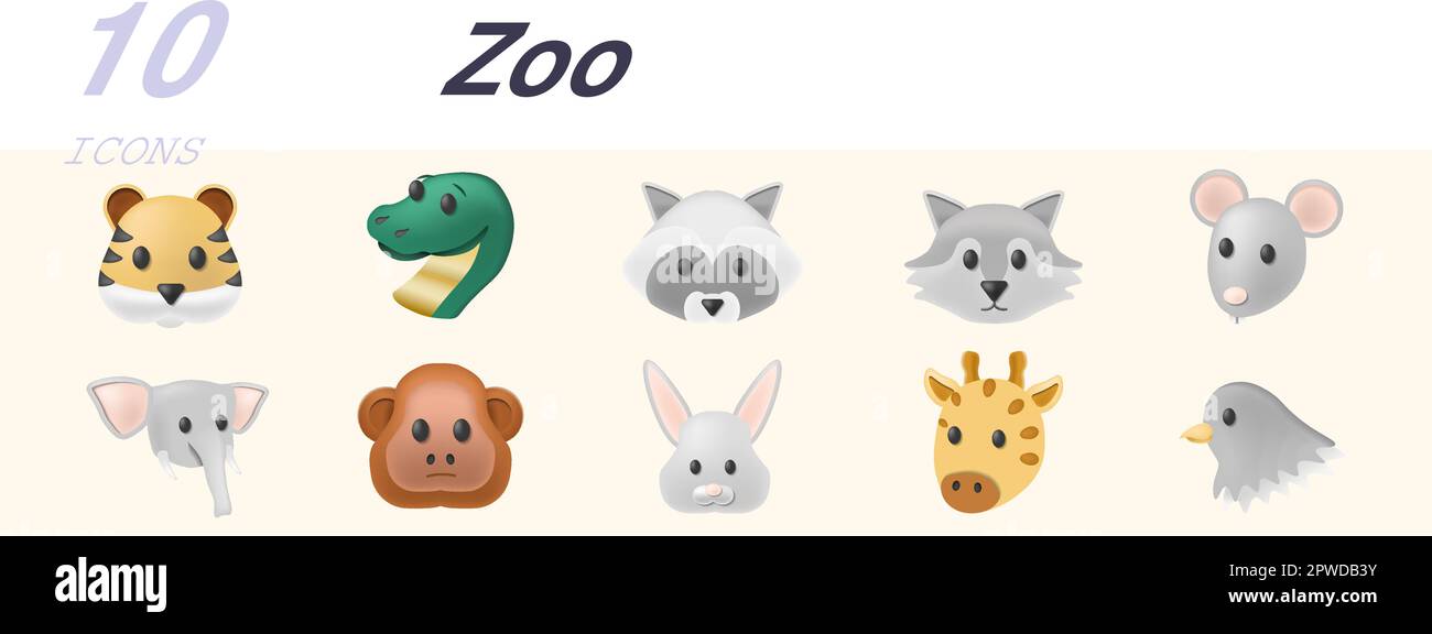 Zoo set. Creative icons: tiger, snake, raccoon, wolf, mouse, elephant ...