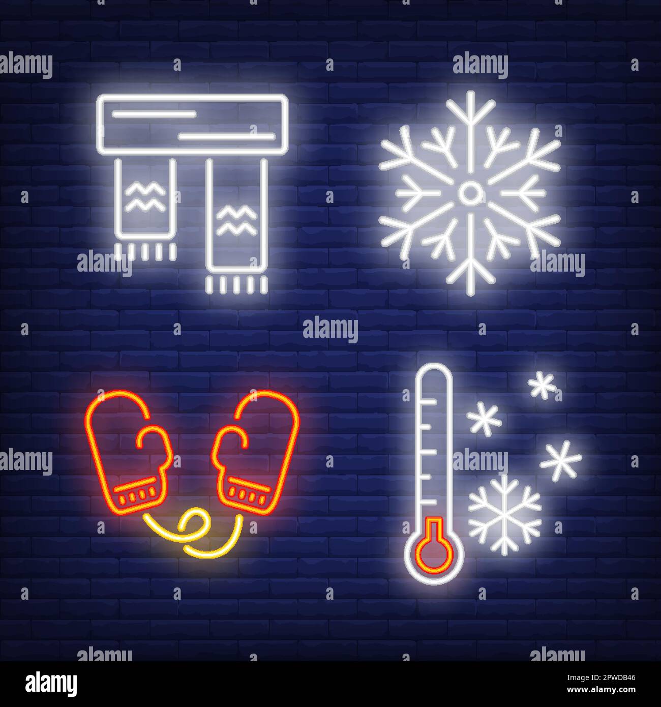 Scarf, mittens, snowflake and outdoor thermometer neon signs set Stock ...