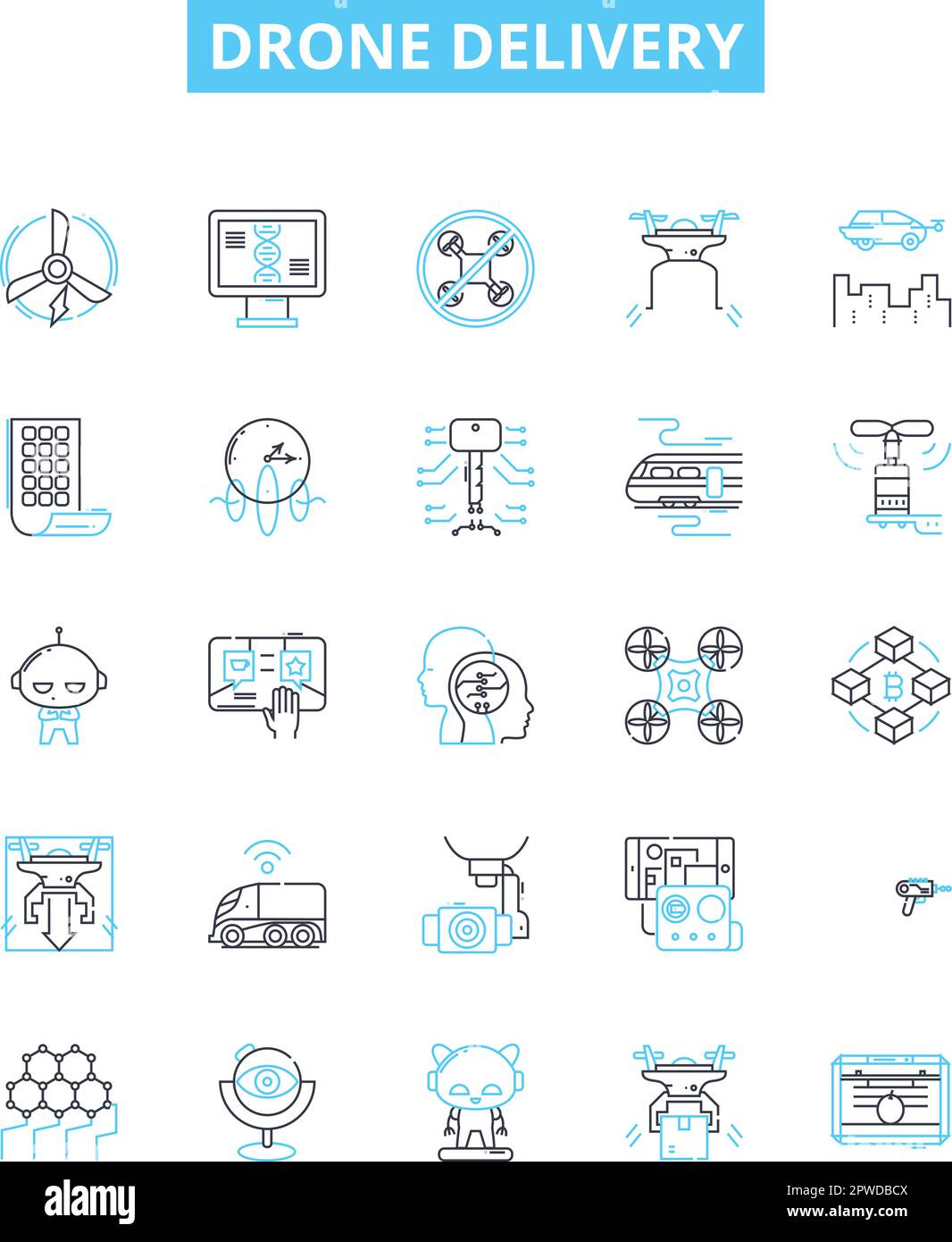 Drone delivery vector line icons set. Drone, Delivery, Aerial, Autonomous, Shipping, Service ...