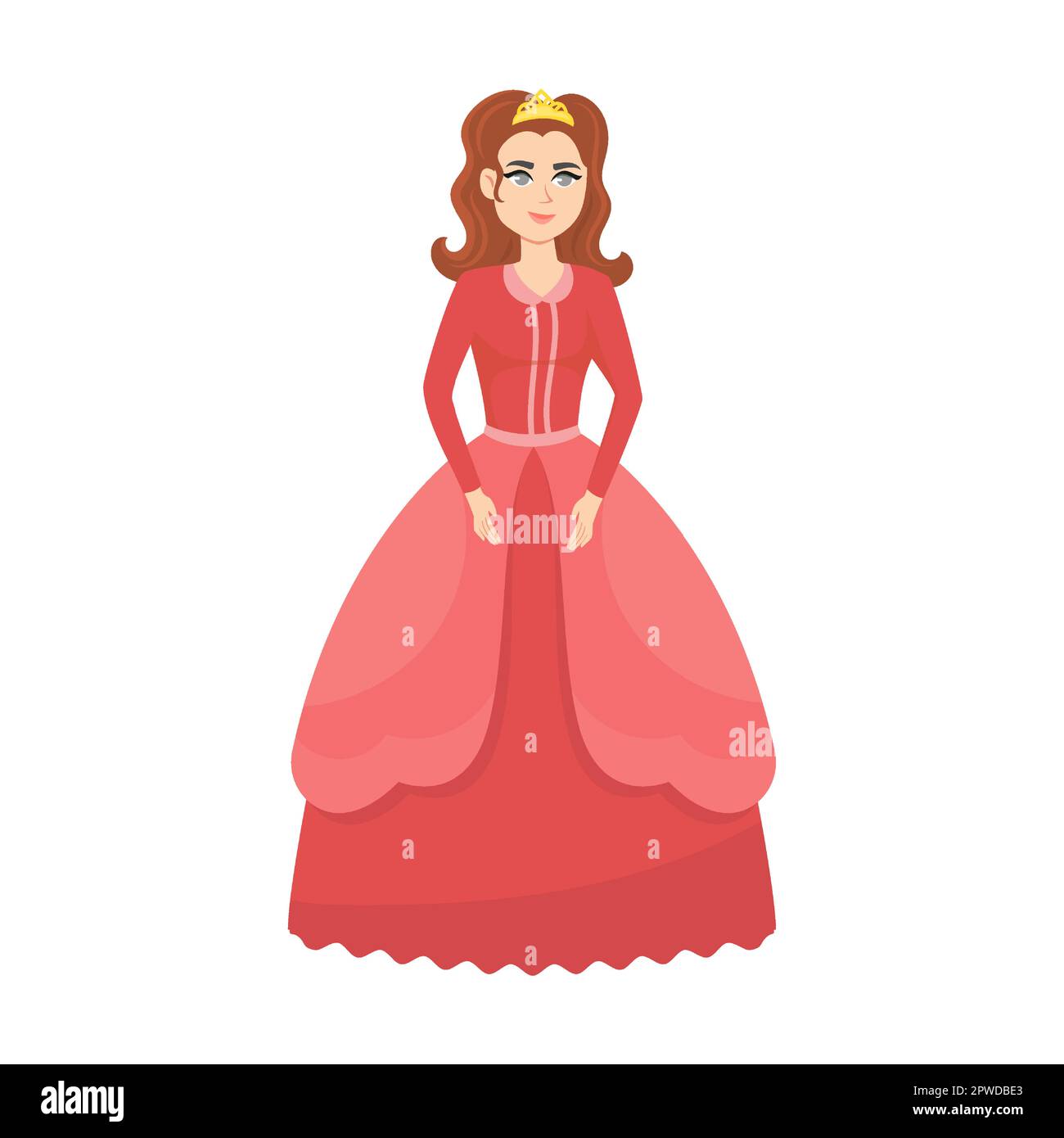 Young beautiful princess brunette in red dress with crown on head, cartoon vector illustration ...