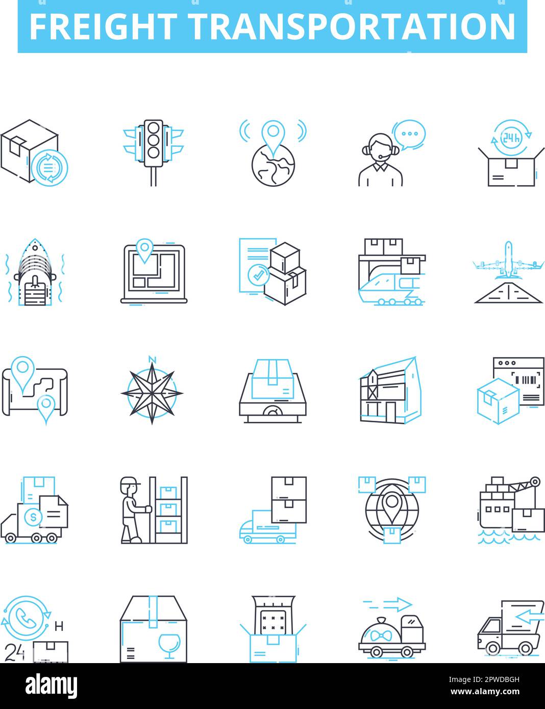 Freight transportation vector line icons set. Shipping, Logistics, Cargo, Trucks, Railways ...