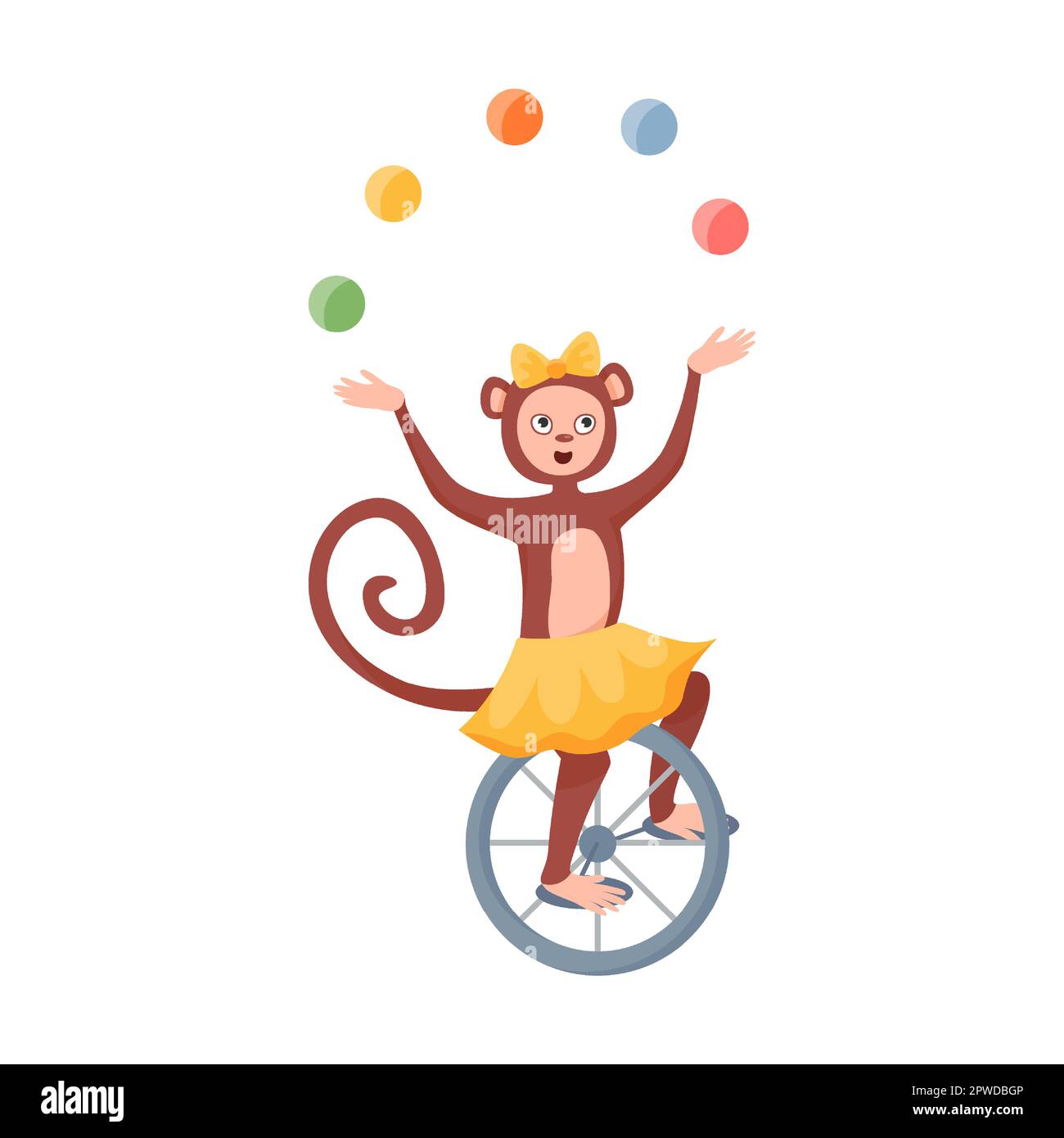 Funny Monkey jangler on wheel on circus show. Vector illustration of carnival performance ...