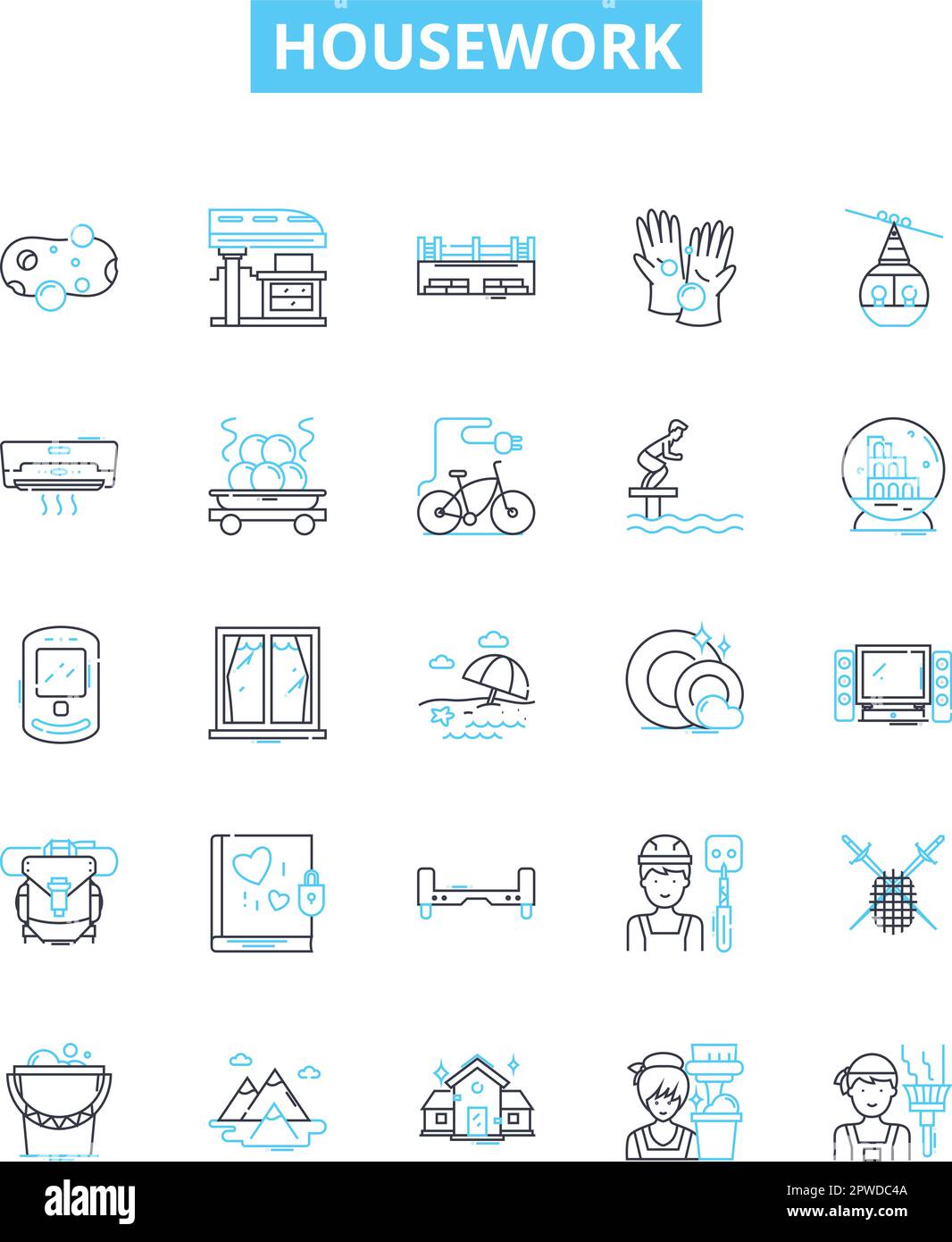 Housework vector line icons set. Cleaning, Dusting, Laundering ...
