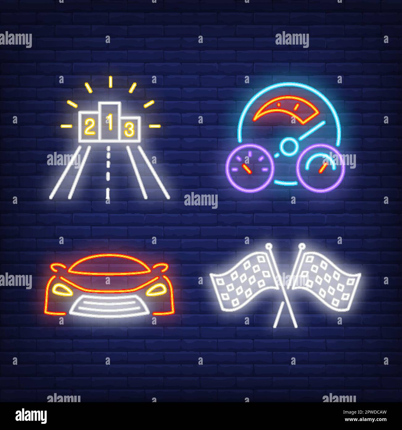 Racing car, flags, speedometer and winners podium neon signs set Stock ...