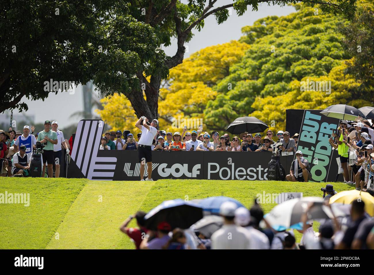 Captain Phil Mickelson of HyFlyers GC hits his shot from the 13th tee ...