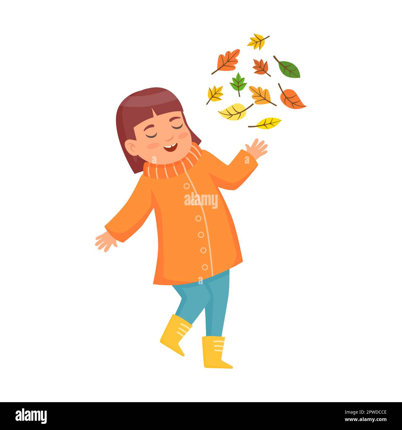 Cute cartoon children throws orange leaves in autumn flat vector ... Cute cartoon children throws orange leaves in autumn flat vector ...
