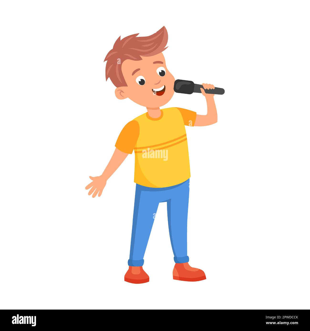 young singer sings song into microphone. Hobbie and activitie of kids ...