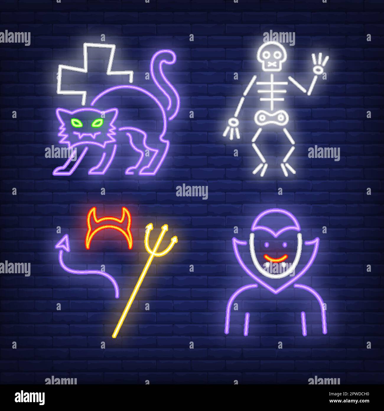 Skeleton, Dracula, cat, horns and trident neon signs set Stock Vector ...