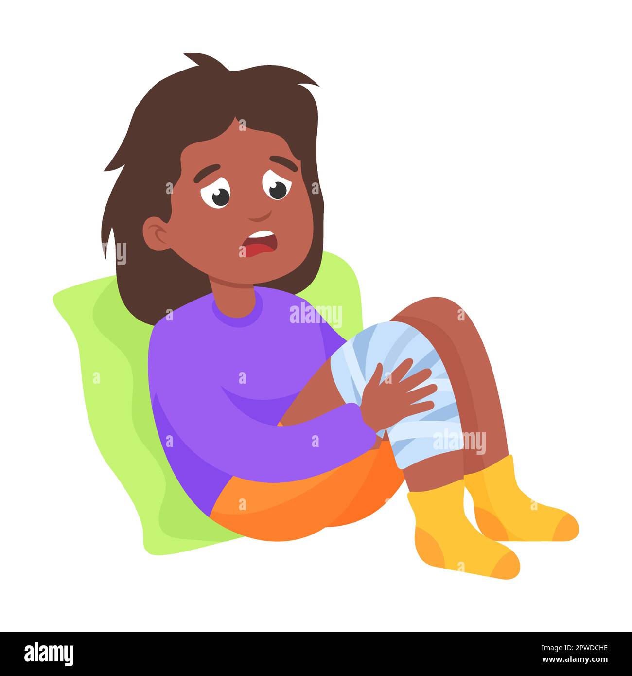 girl with bandaged knee after sports injury. Cute children as medical ...