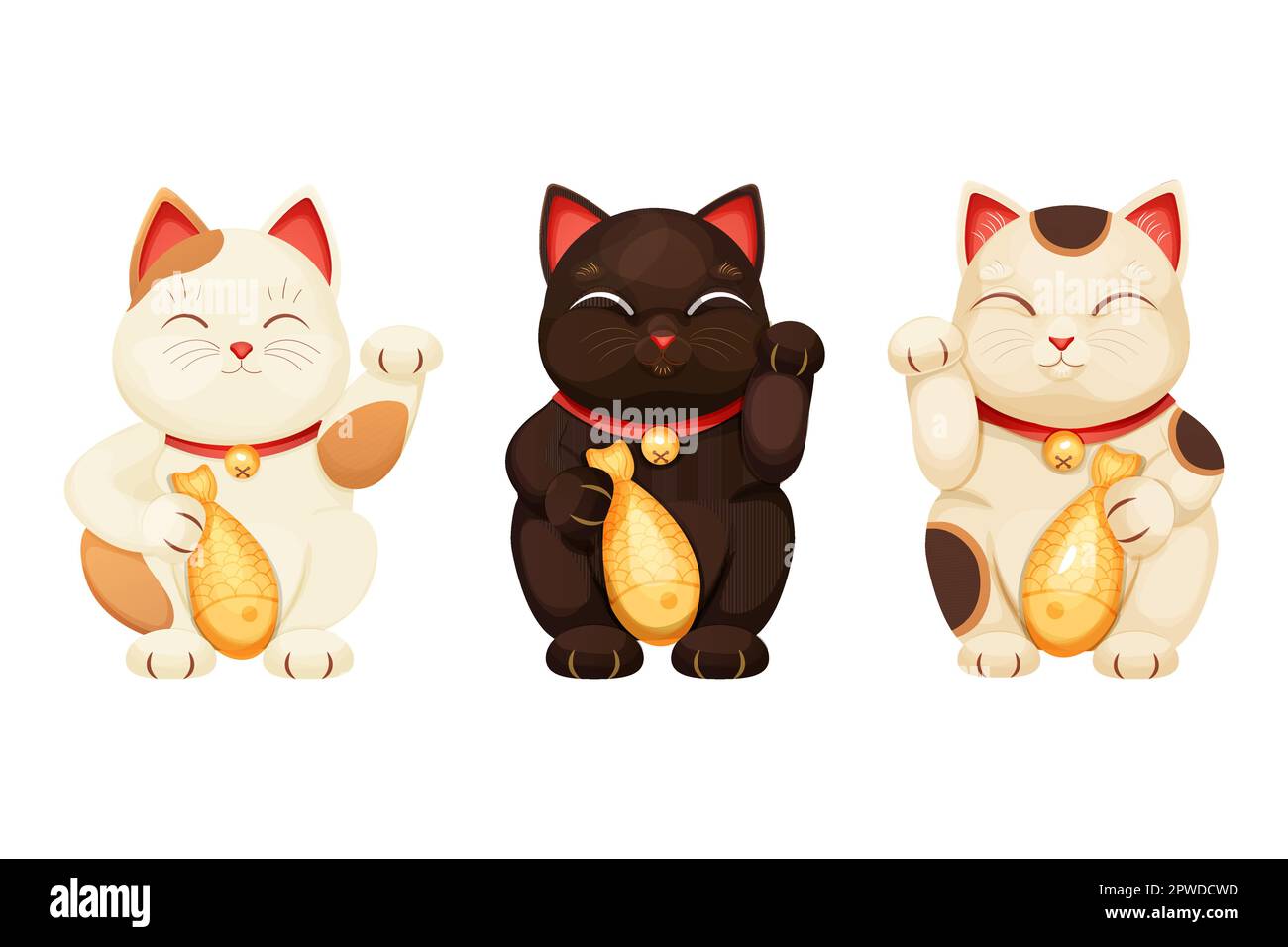 Maneki neko cat tradition figure lucky symbol, pet with collar and bell, golden fish in cartoon ...