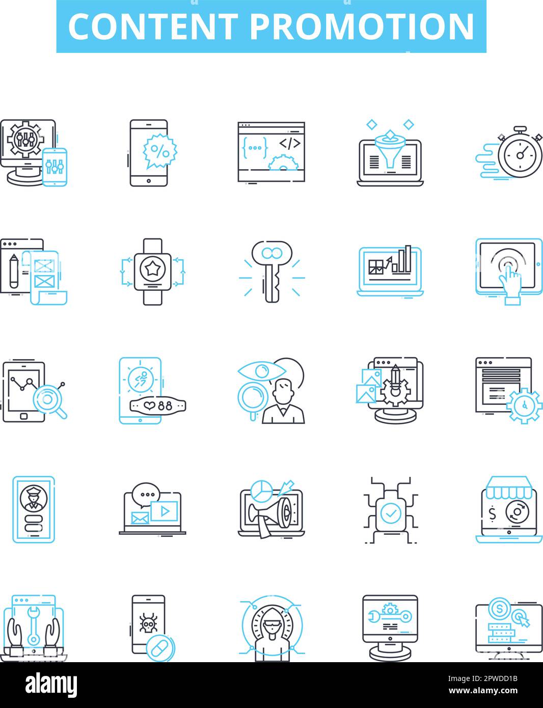 Content promotion vector line icons set. Marketing, Advertising ...