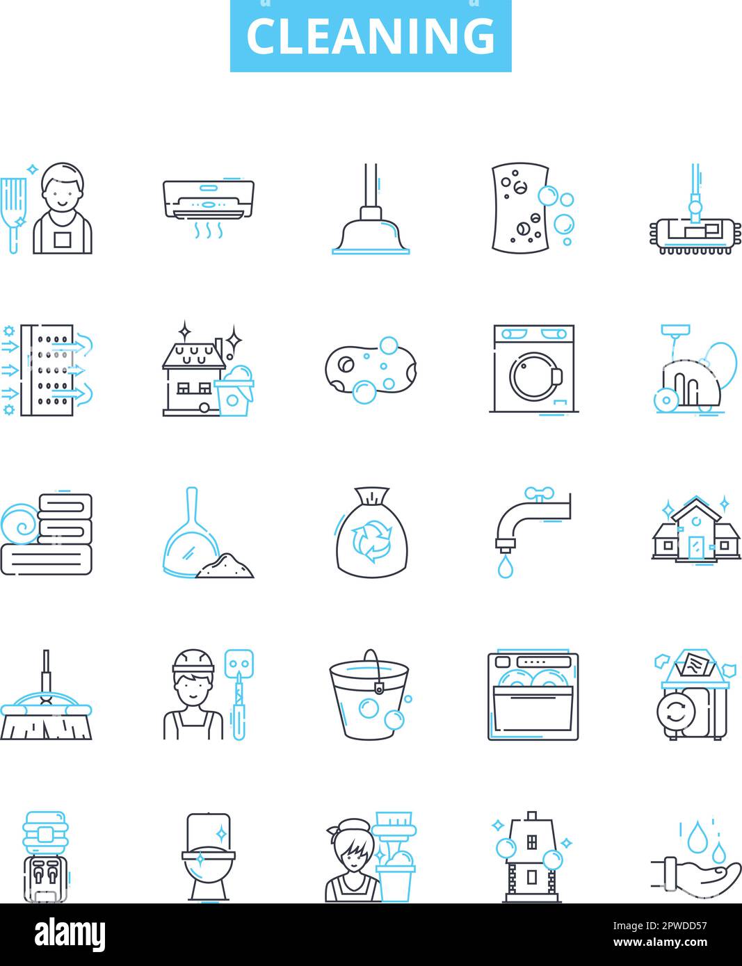 Cleaning vector line icons set. Scrubbing, Polishing, Washing, Sweeping ...