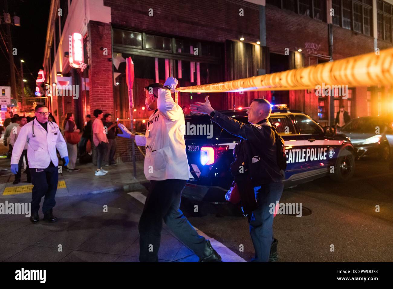 Seattle, USA. 29 Apr, 2023. Just before 10:30pm Police received a 911 ...