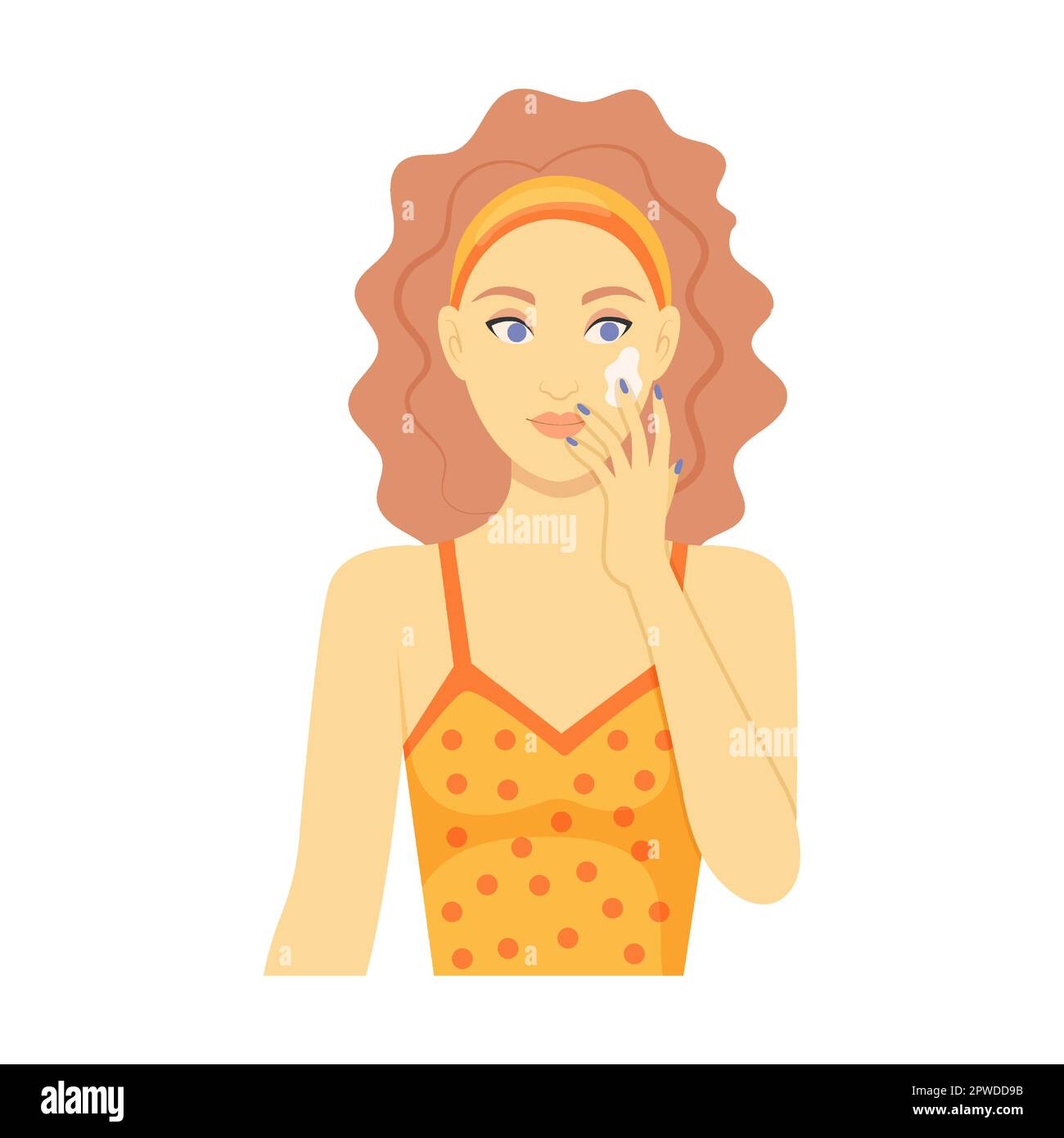 Cartoon girl redhead with long hair doing skincare routine vector ...